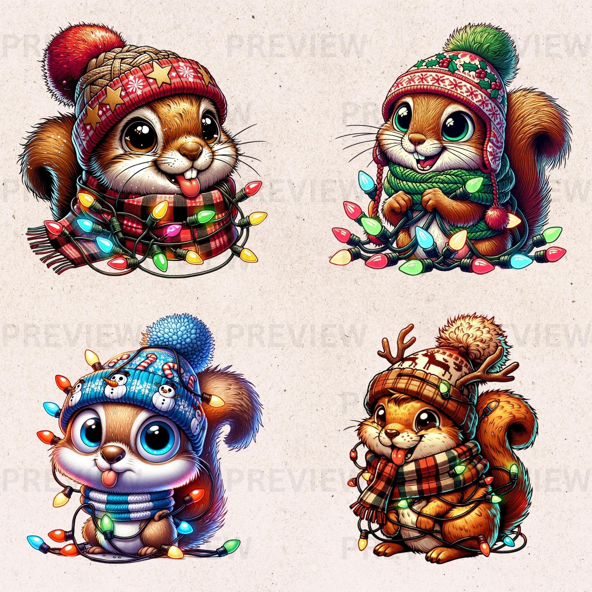 Quirky Christmas Squirrel in Lights PNG Set, 12 Cute Whimsical Holiday ...