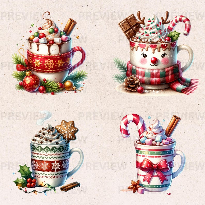 Holiday Hot Chocolate Clipart Set, 12 Watercolor Christmas Mug Images ...