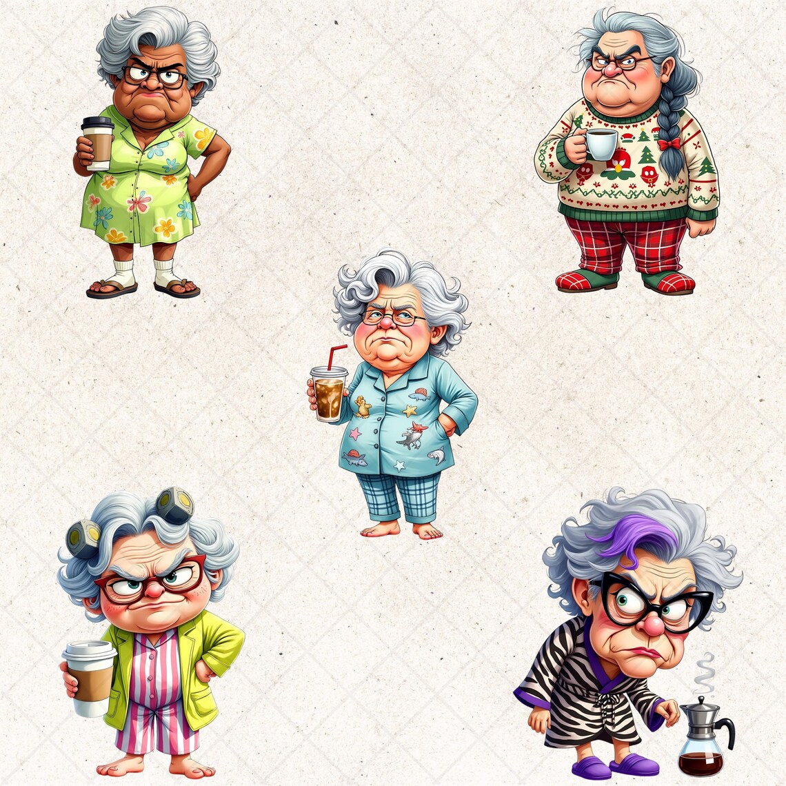 Grumpy Grandma Clipart Set, Coffee Lover PNG, Funny Old Lady Graphics ...