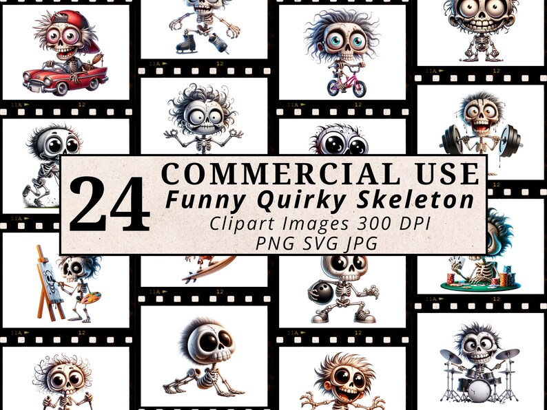 Quirky Skeleton Clipart Bundle, 24 Funny Skeleton Digital Download PNG ...