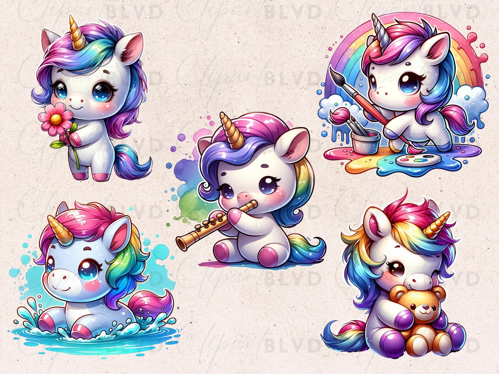 Watercolor Baby Unicorn Clipart Bundle, 20 Cute Baby Unicorn ...