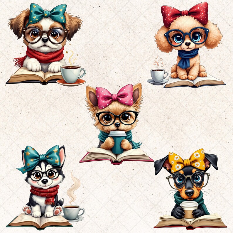 Bookish Puppy Clipart Set, Literacy Day Pngs, Cute Dogs Reading Books ...