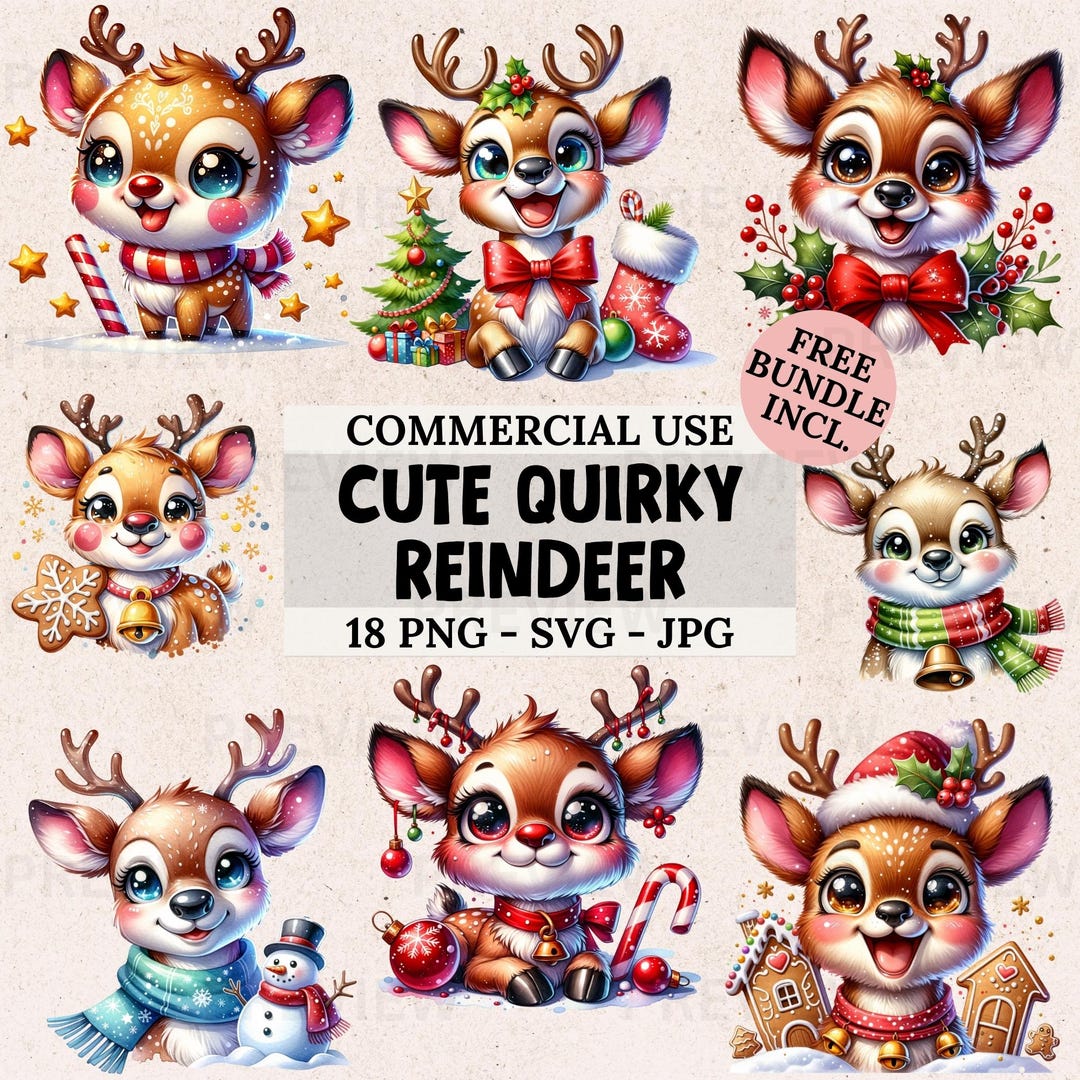 Watercolor Quirky Reindeer Clipart Set, 18 Cute Reindeer in PNG SVG JPG ...