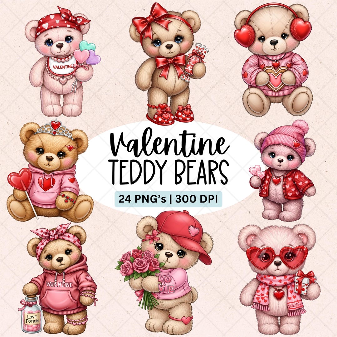 Valentine Teddy Bear Clipart Bundle, 24 Whimsical Love Animal Graphics ...