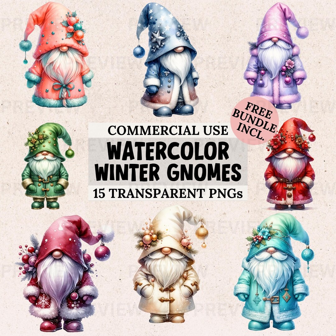 Watercolor Winter Gnome Clipart Set, 15 Christmas Gnome PNG Images ...