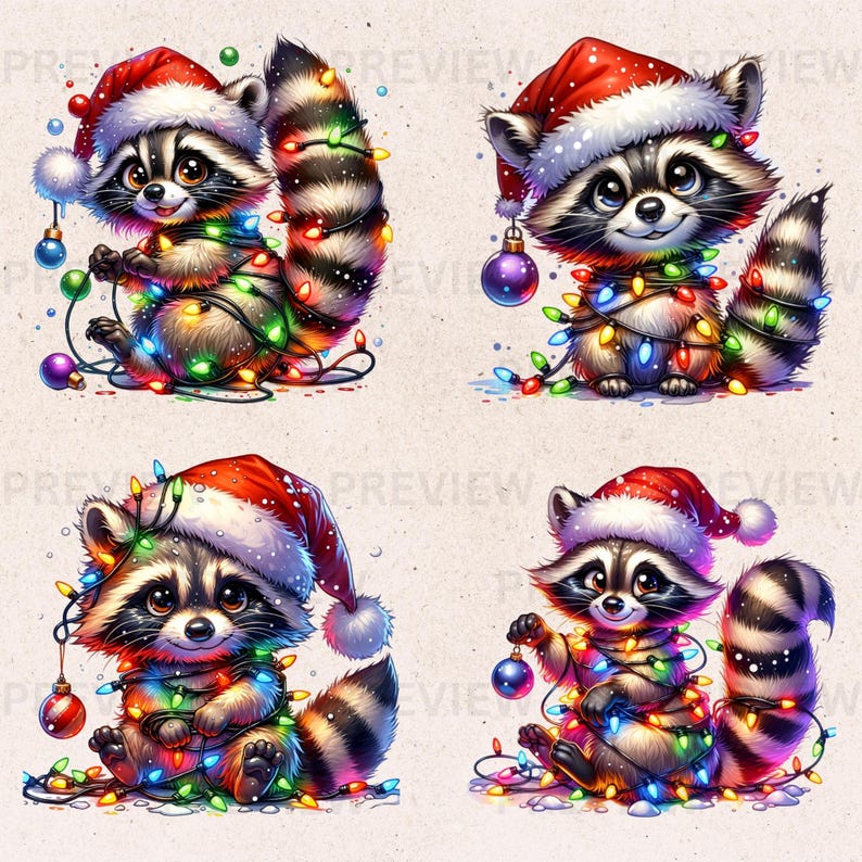 Watercolor Quirky Raccoon in Lights Clipart Set, 12 Funny Racoons in ...