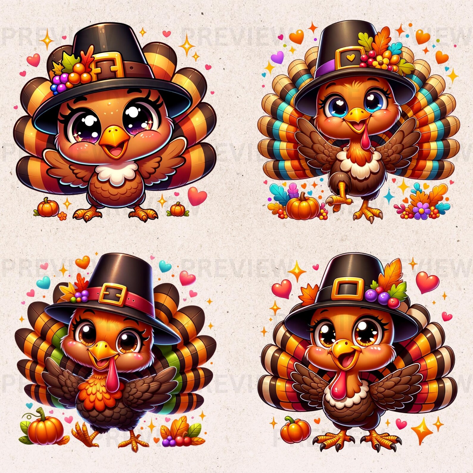 Cute Turkey Clipart Set. 12 Whimsical Thanksgiving Turkey Images ...