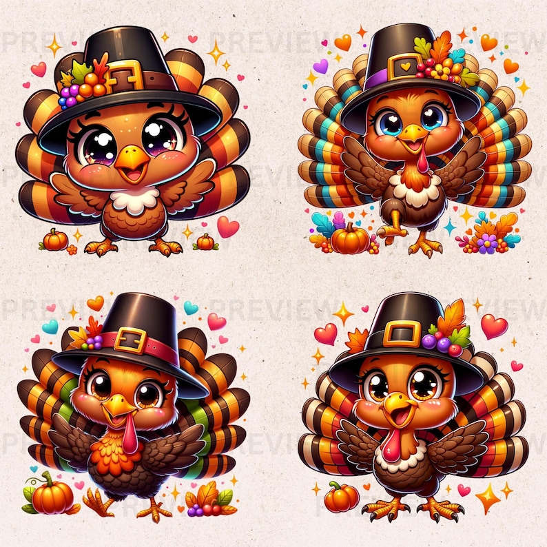 Cute Turkey Clipart Set. 12 Whimsical Thanksgiving Turkey Images ...