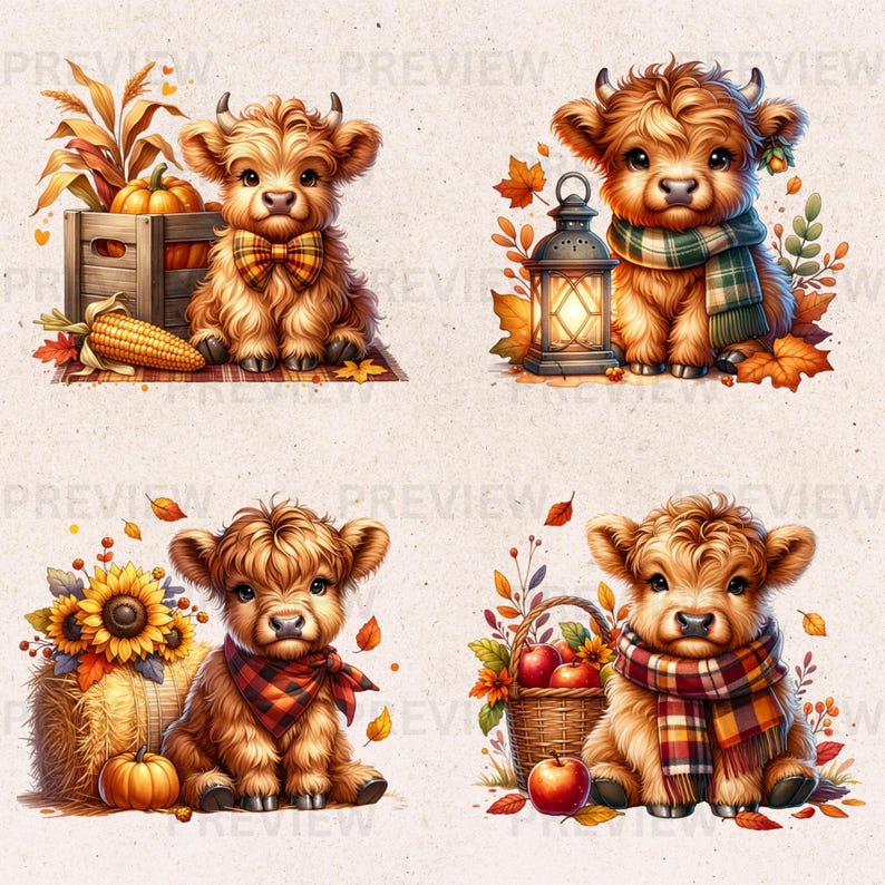 Autumn Highland Cow Clipart Set: 12 Fall PNG Images (digital Download ...