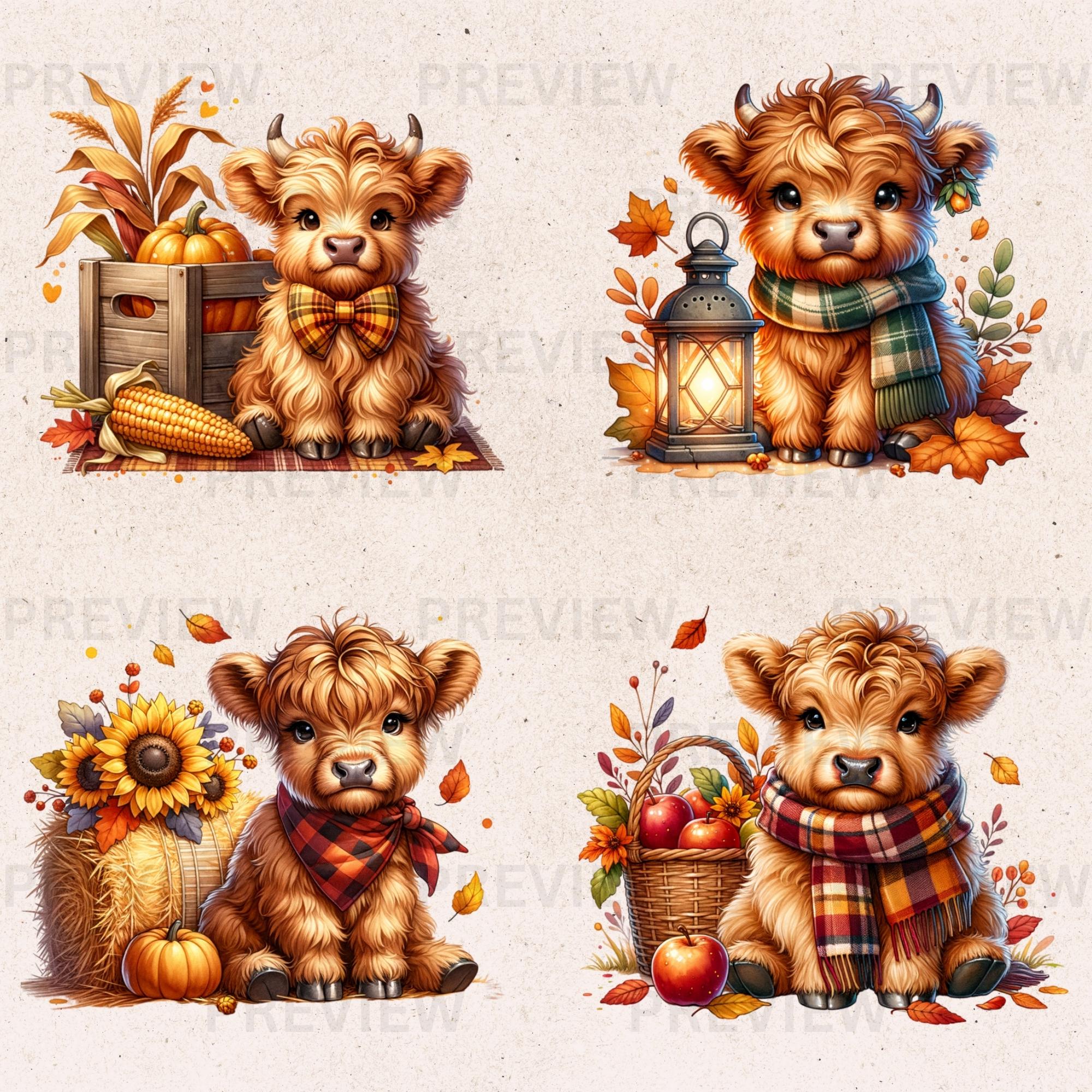Autumn Highland Cow PNG Set, 12 Fall Highland Cow Clipart Images, Cute ...