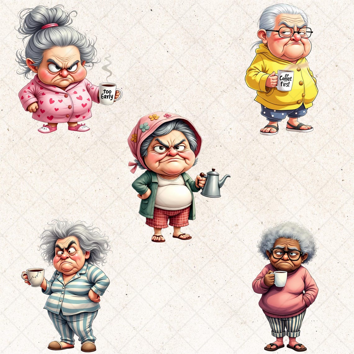 Grumpy Grandma Clipart Set, Coffee Lover PNG, Funny Old Lady Graphics ...