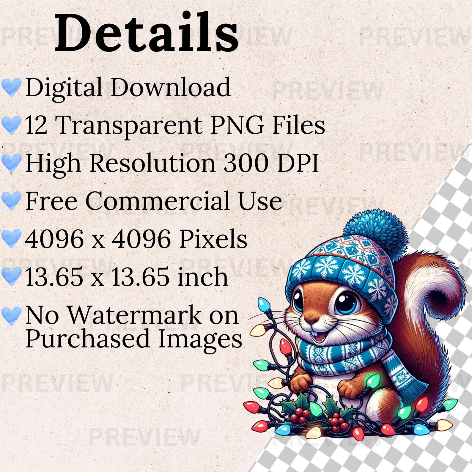 Quirky Christmas Squirrel in Lights PNG Set, 12 Cute Whimsical Holiday ...