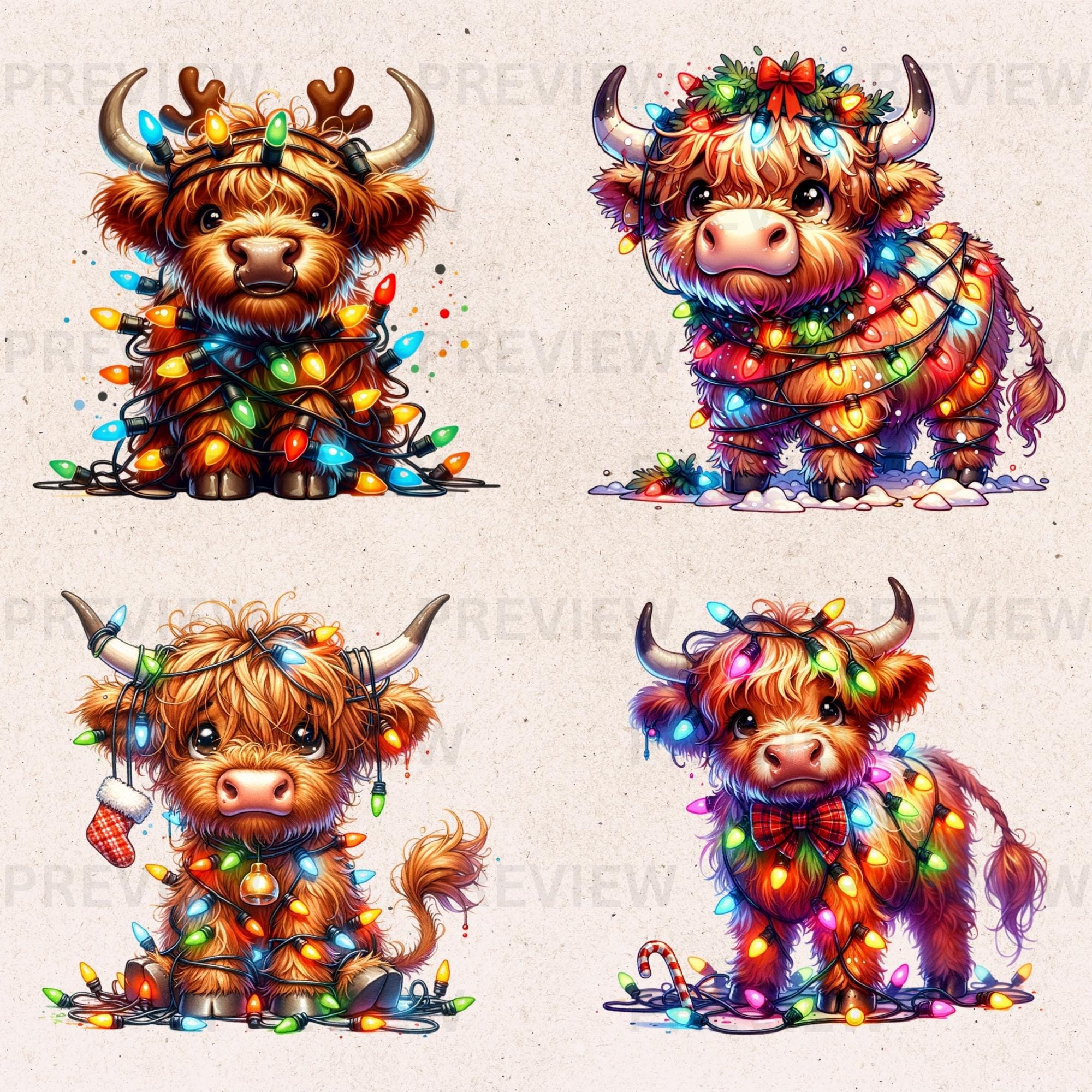 Quirky Christmas Highland Cow Clipart Set, 12 Whimsical Cow in Lights ...
