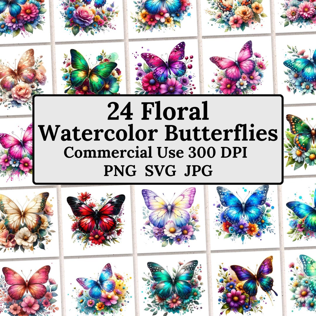 Floral Watercolor Butterfly Clipart Bundle: 24 Colorful PNG, SVG, JPG ...