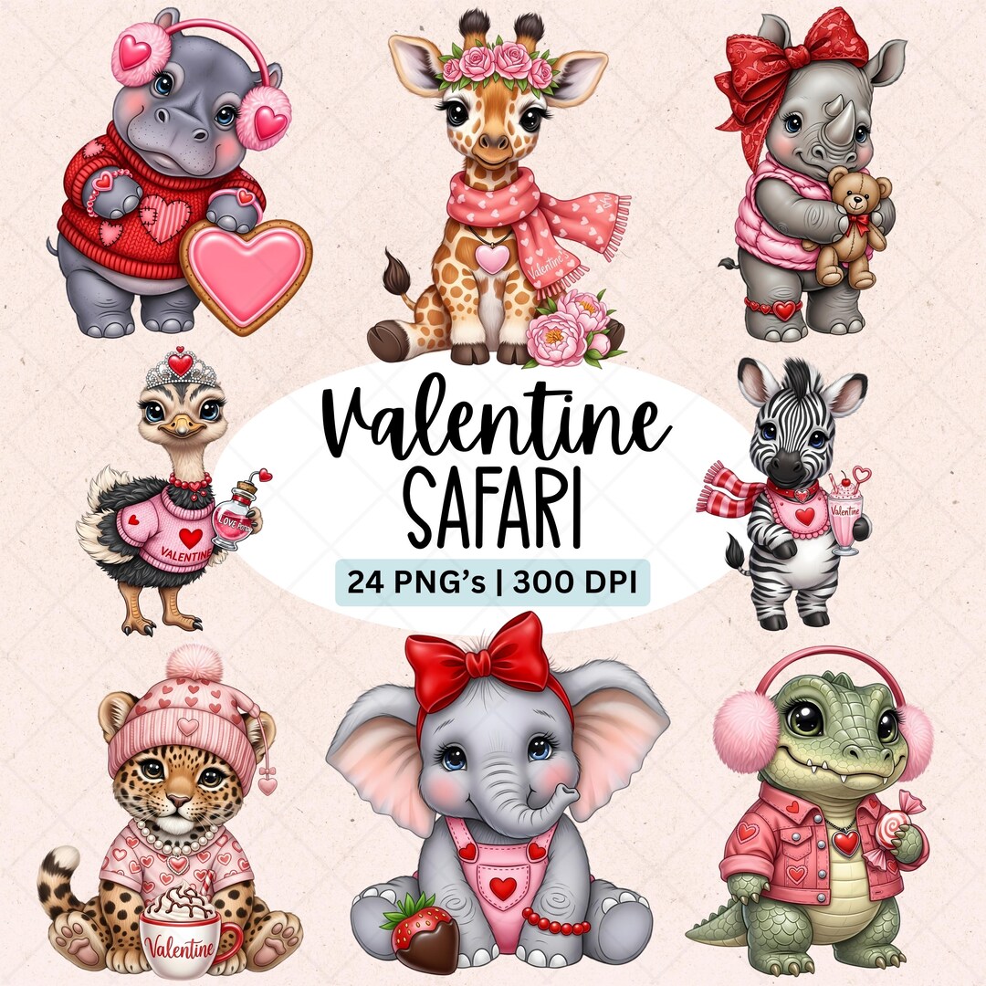 Valentine Safari Animal Clipart Bundle, 24 Whimsical Love Graphics ...