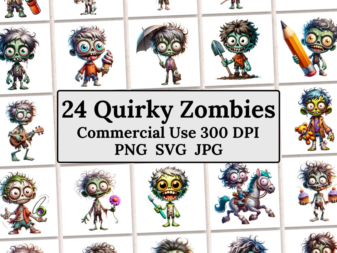 Quirky Halloween Zombie PNG Clipart Bundle, 24 Whimsical Zombie ...