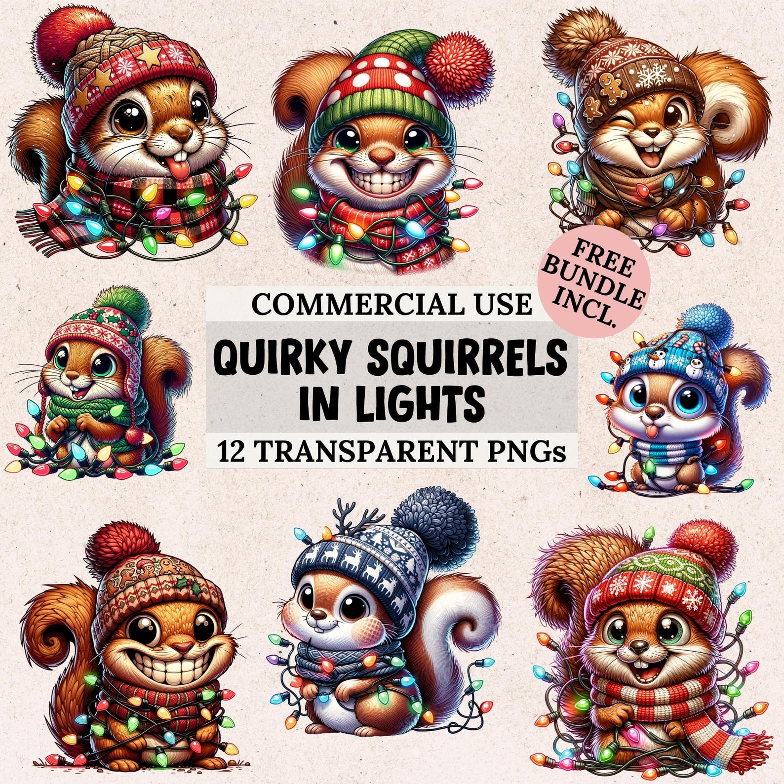 Quirky Christmas Squirrel in Lights PNG Set, 12 Cute Whimsical Holiday ...