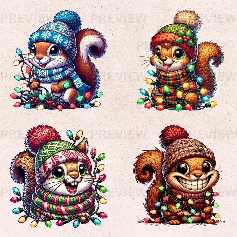 Quirky Christmas Squirrel in Lights PNG Set, 12 Cute Whimsical Holiday ...