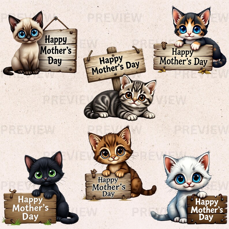 Mother’s Day Kitten PNG Clipart Bundle, Cute Cartoon Cats Holding Signs ...