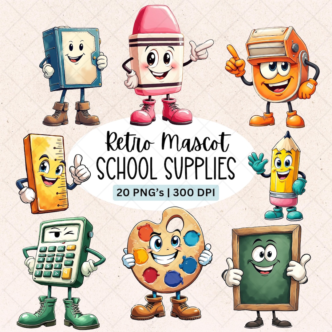 Retro School Supplies PNG, Cute Mascot Clipart, Vintage Cartoon ...