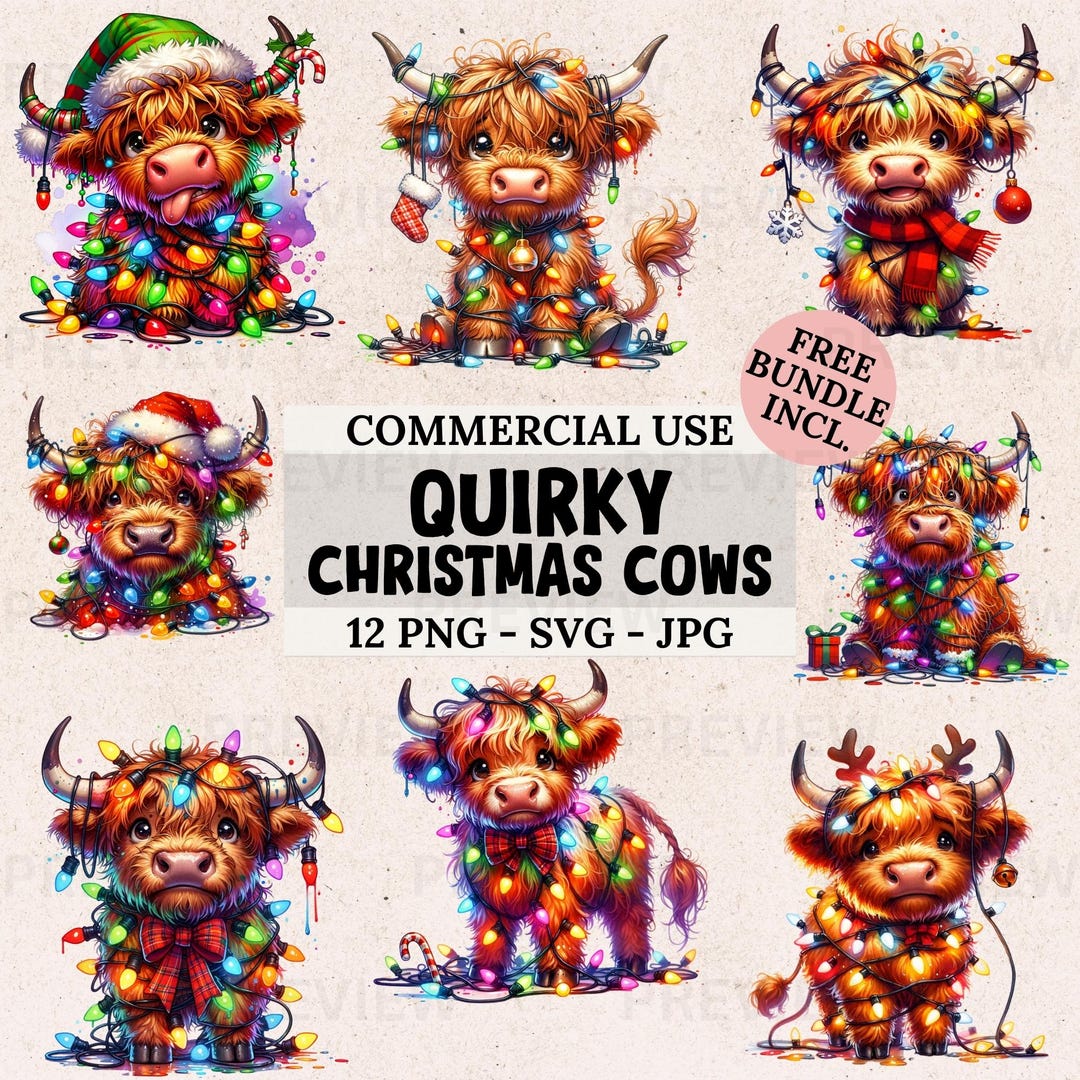 Quirky Christmas Highland Cow Clipart Set, 12 Whimsical Cow in Lights ...