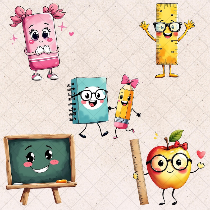 Kawaii School Supplies Clipart: Teacher Stationery PNG Bundle (digital ...