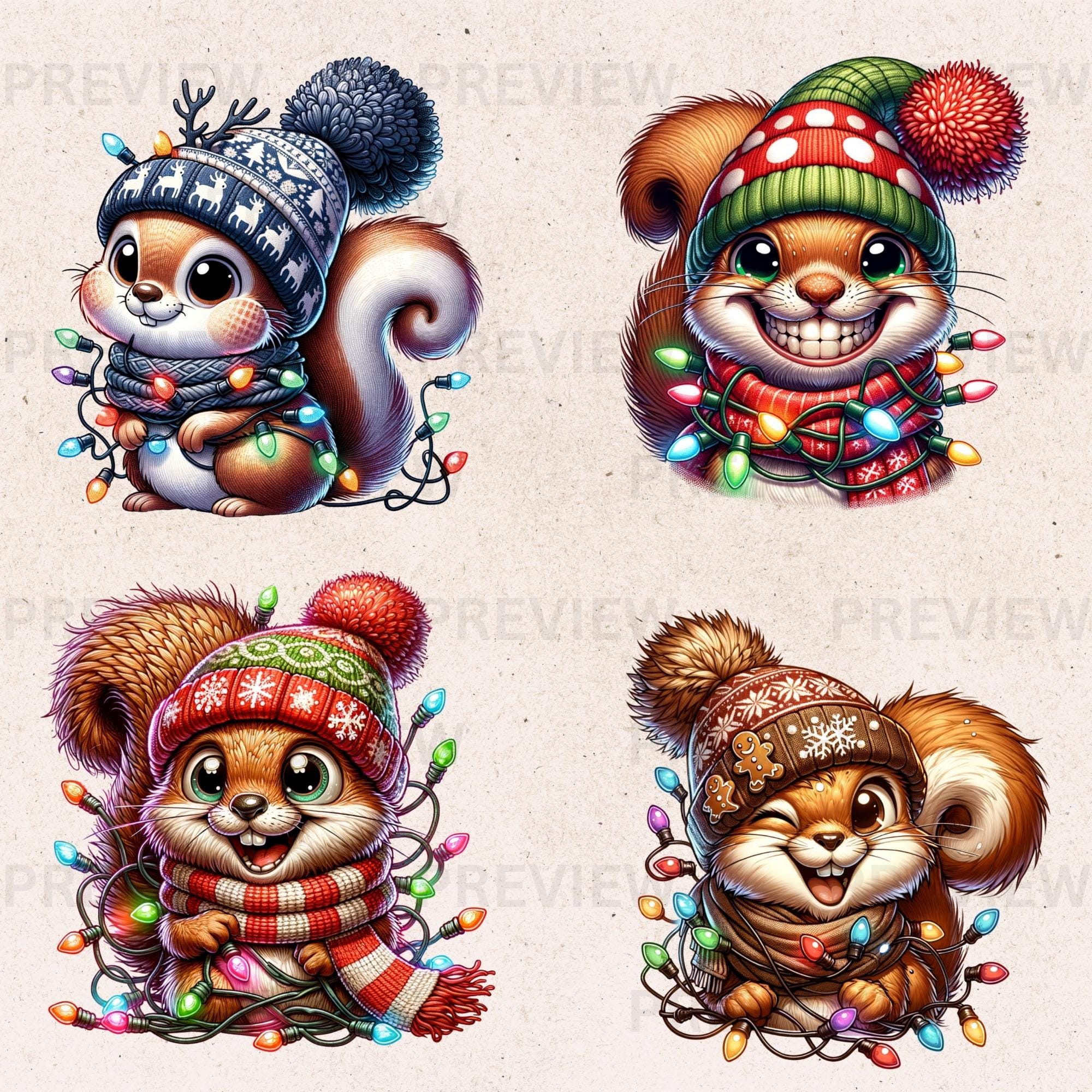 Quirky Christmas Squirrel in Lights PNG Set, 12 Cute Whimsical Holiday ...