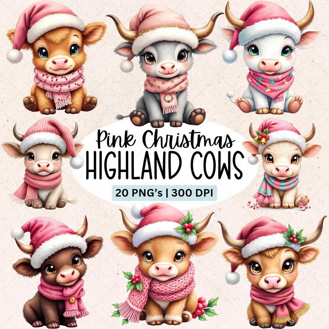 Pink Christmas Highland Cow Clipart, Watercolor Pinkmas Baby Cow PNG ...