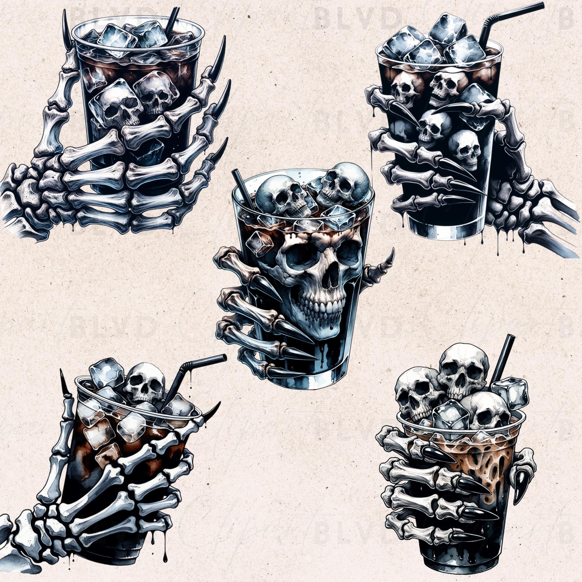 Gothic Skeleton Iced Coffee PNG Clipart: Spooky Halloween Skull Set ...