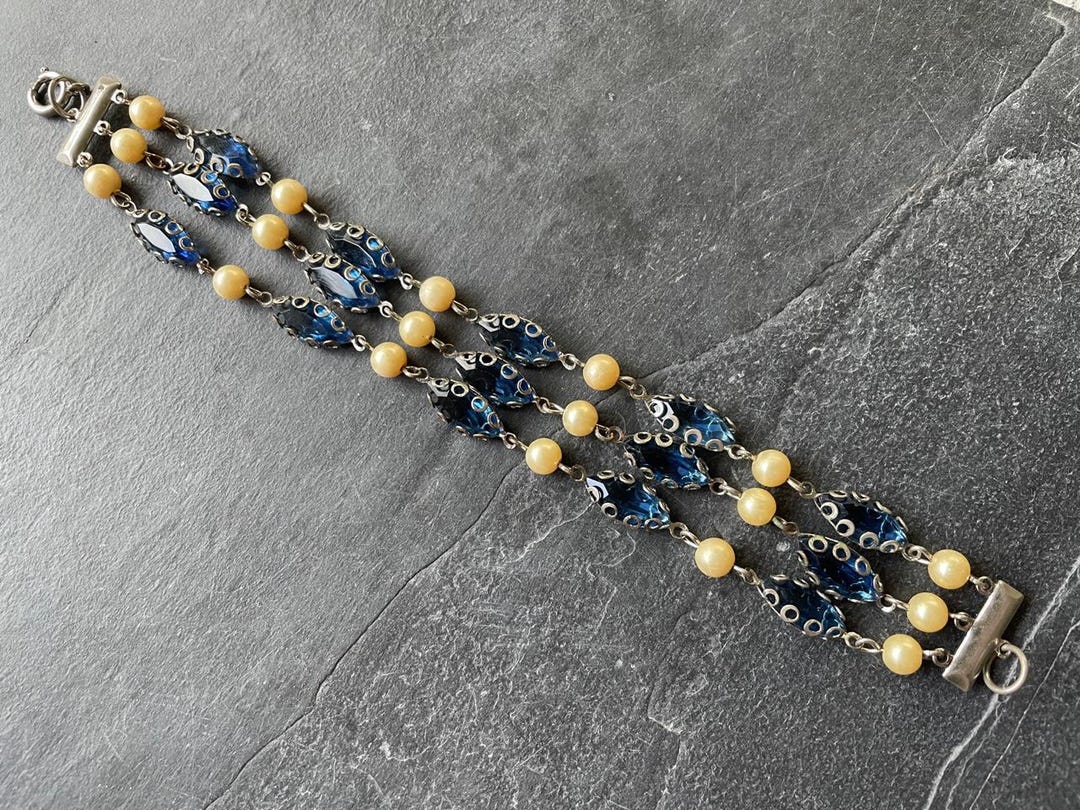 Vintage Czech Era Cobalt Blue Glass Bead Flapper Bracelet 3 Strand ...