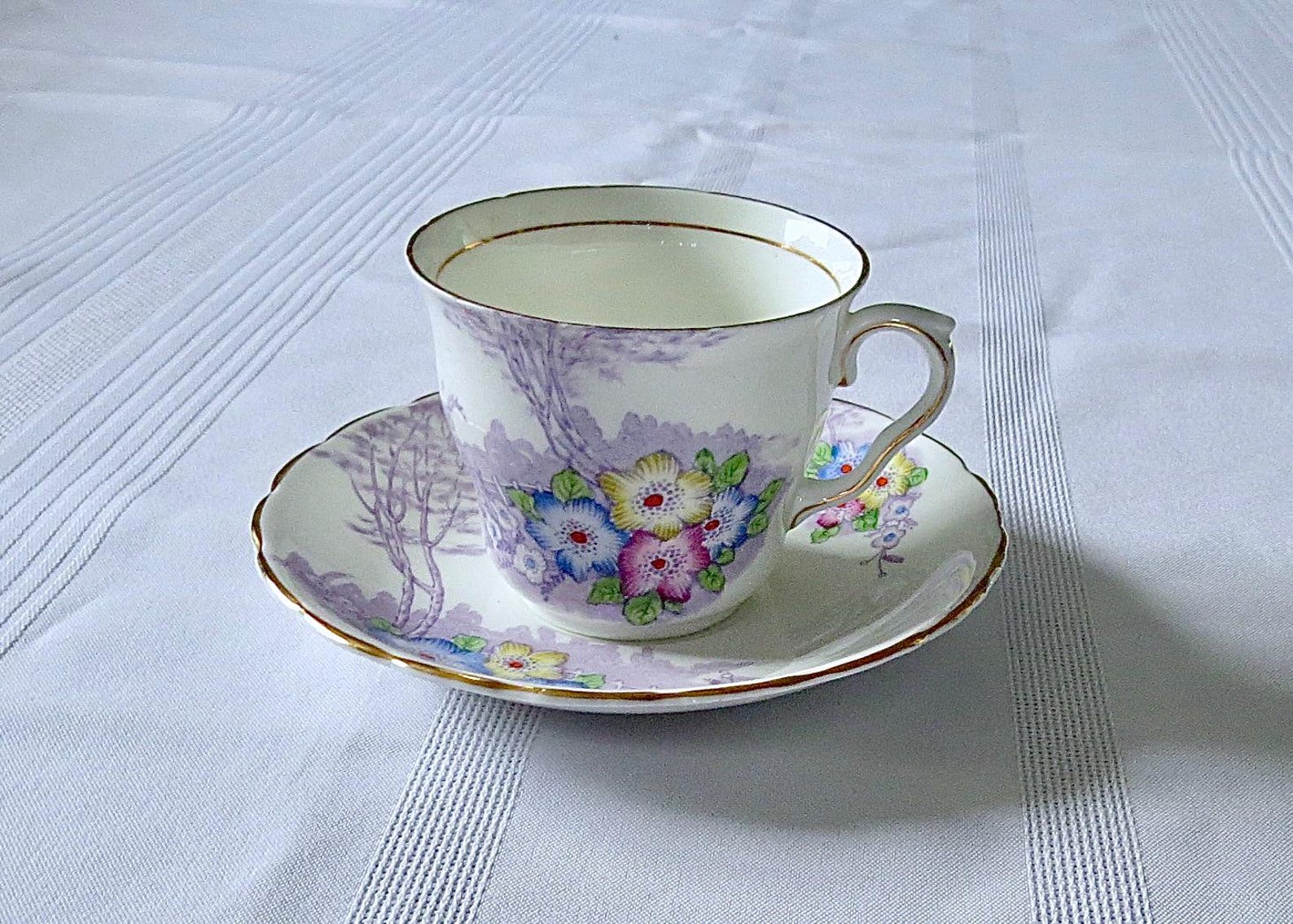 Vintage Colclough Tea Cup and Saucer, Blue, Yellow and Pink Flowers ...