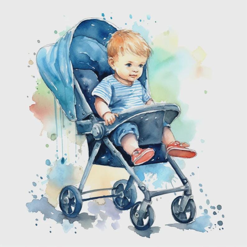 Baby Stroller Clipart Bundle – Watercolor Baby Boy & Girl Stroller Art ...