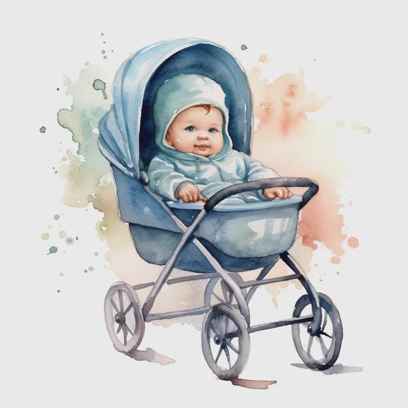 Baby Stroller Clipart Bundle – Watercolor Baby Boy & Girl Stroller Art ...