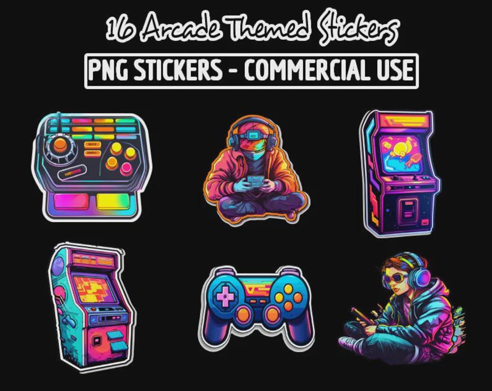 Arcade Stickers PNG Bundle | Neon Gaming Stickers | Gamer Clipart ...