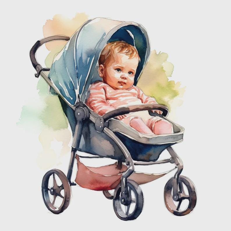 Baby Stroller Clipart Bundle – Watercolor Baby Boy & Girl Stroller Art ...