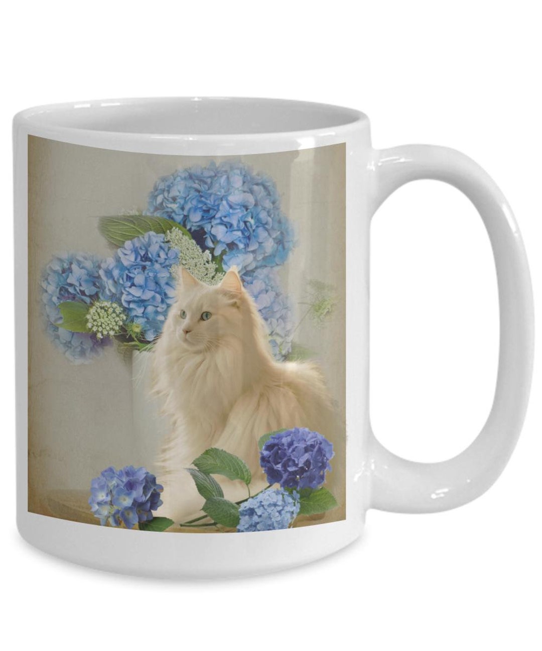 White Cat With Blue Hydrangeas Mug, Fall Cat Mug, Cat Lover's Mug ...