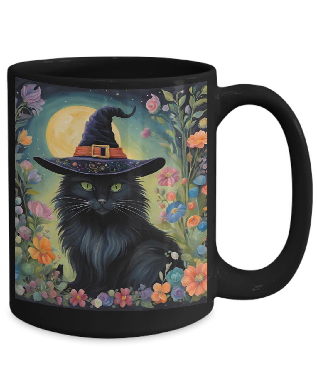 Halloween Cat in Moon With Flowers Black Mug, Black Cat Coffee Mug ...
