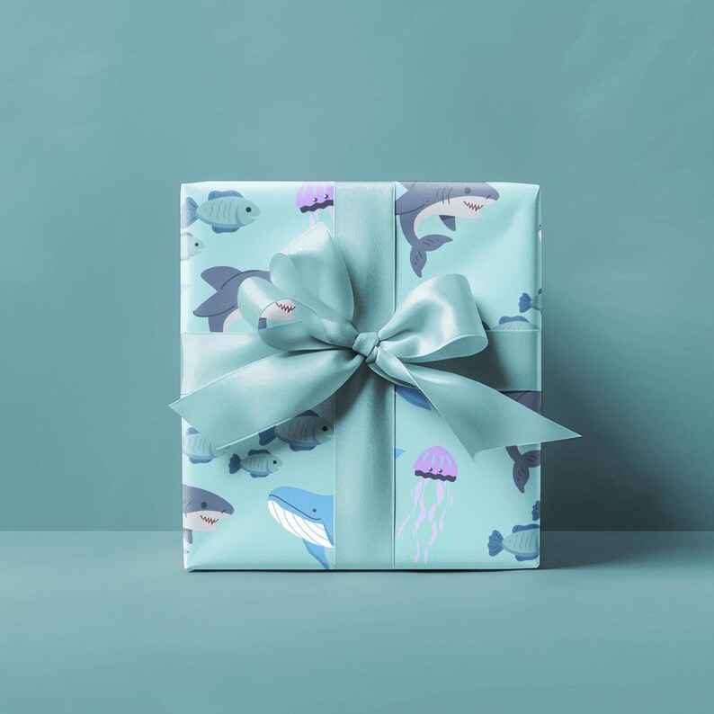 Shark & Whale Wrapping Paper Jellyfish and Fish Pattern Ocean Themed ...