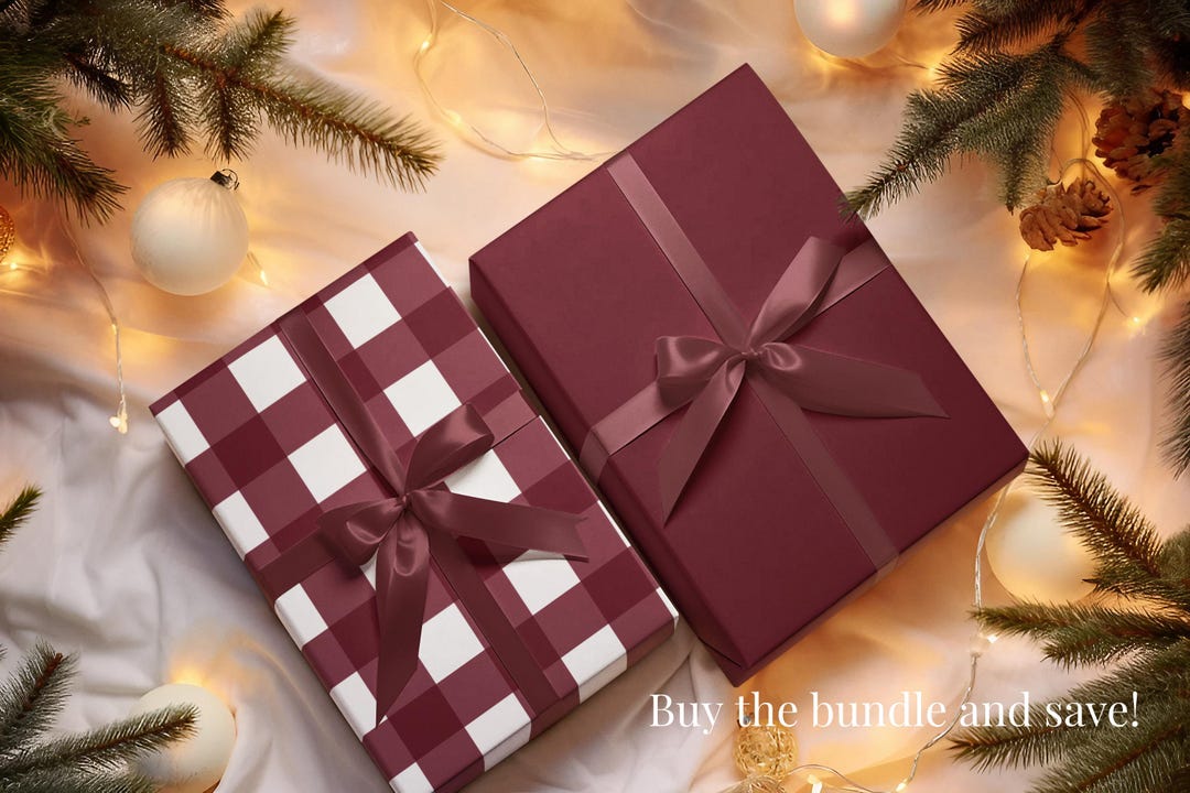 Burgundy Holiday Wrapping Paper Bundle: Gingham & Solid - Elegant Gift ...