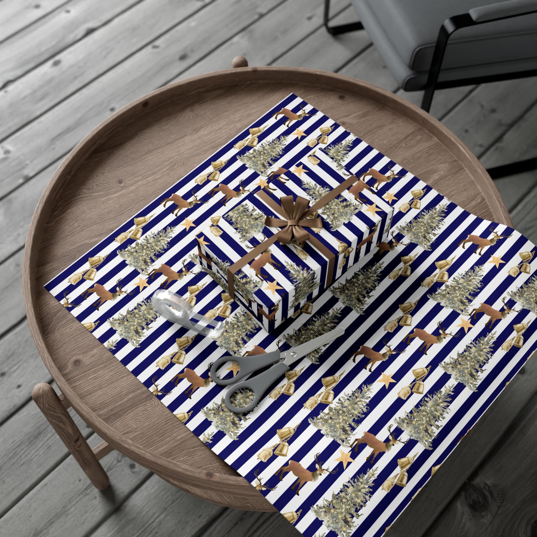 Elegant Royal Blue Striped Christmas Wrapping Paper Reindeer & Lighted ...