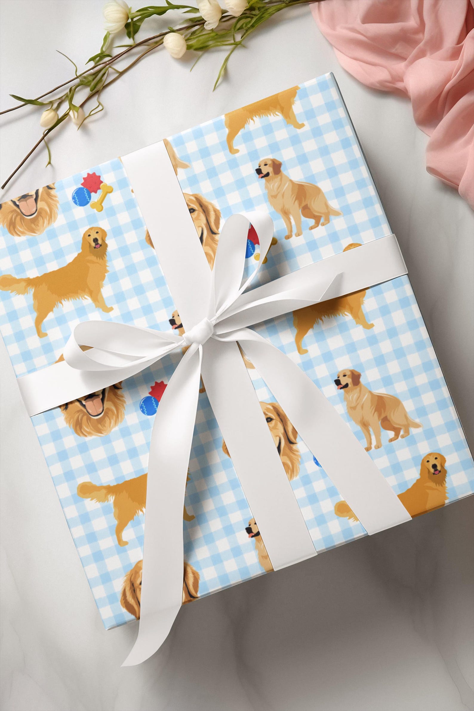 Golden Retriever Gingham Wrapping Paper | Cute Golden Retriever Pattern ...