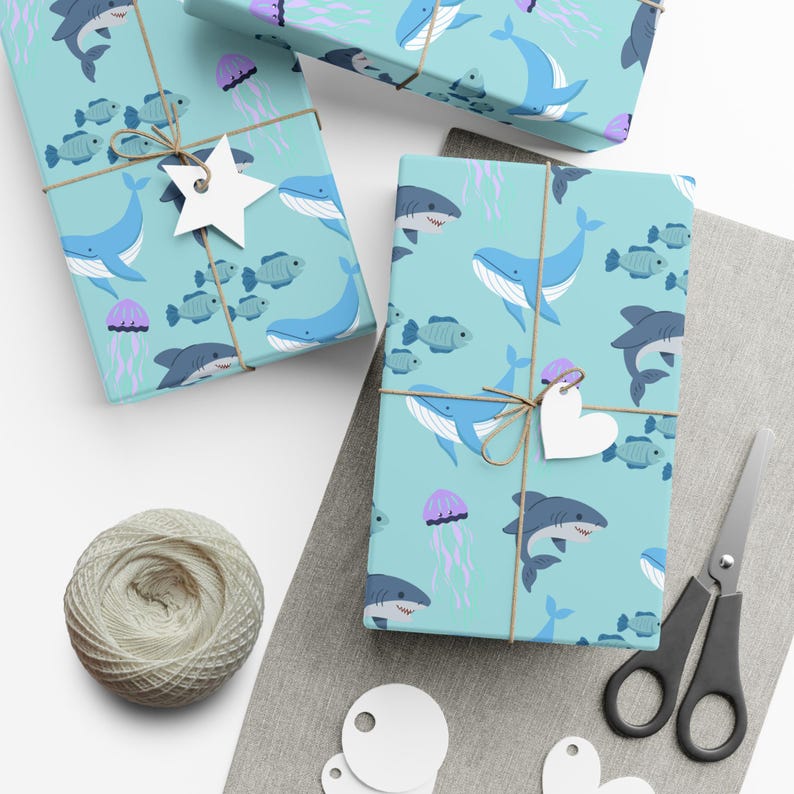 Shark & Whale Wrapping Paper Jellyfish and Fish Pattern Ocean Themed ...