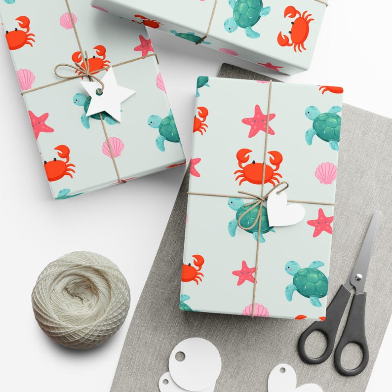 Sea Turtle Wrapping Paper: Coastal Ocean Theme, Crab & Starfish Pattern ...
