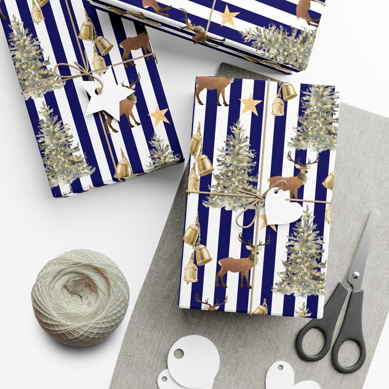 Elegant Royal Blue Striped Christmas Wrapping Paper Reindeer & Lighted ...