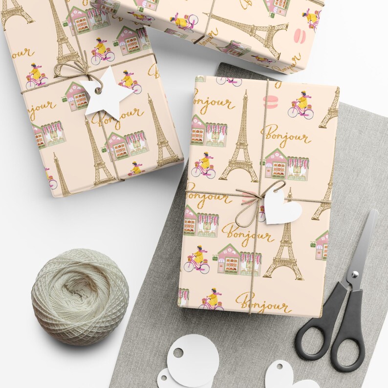 Paris Themed Wrapping Paper: Eiffel Tower, Bakery, Bicycle - Etsy