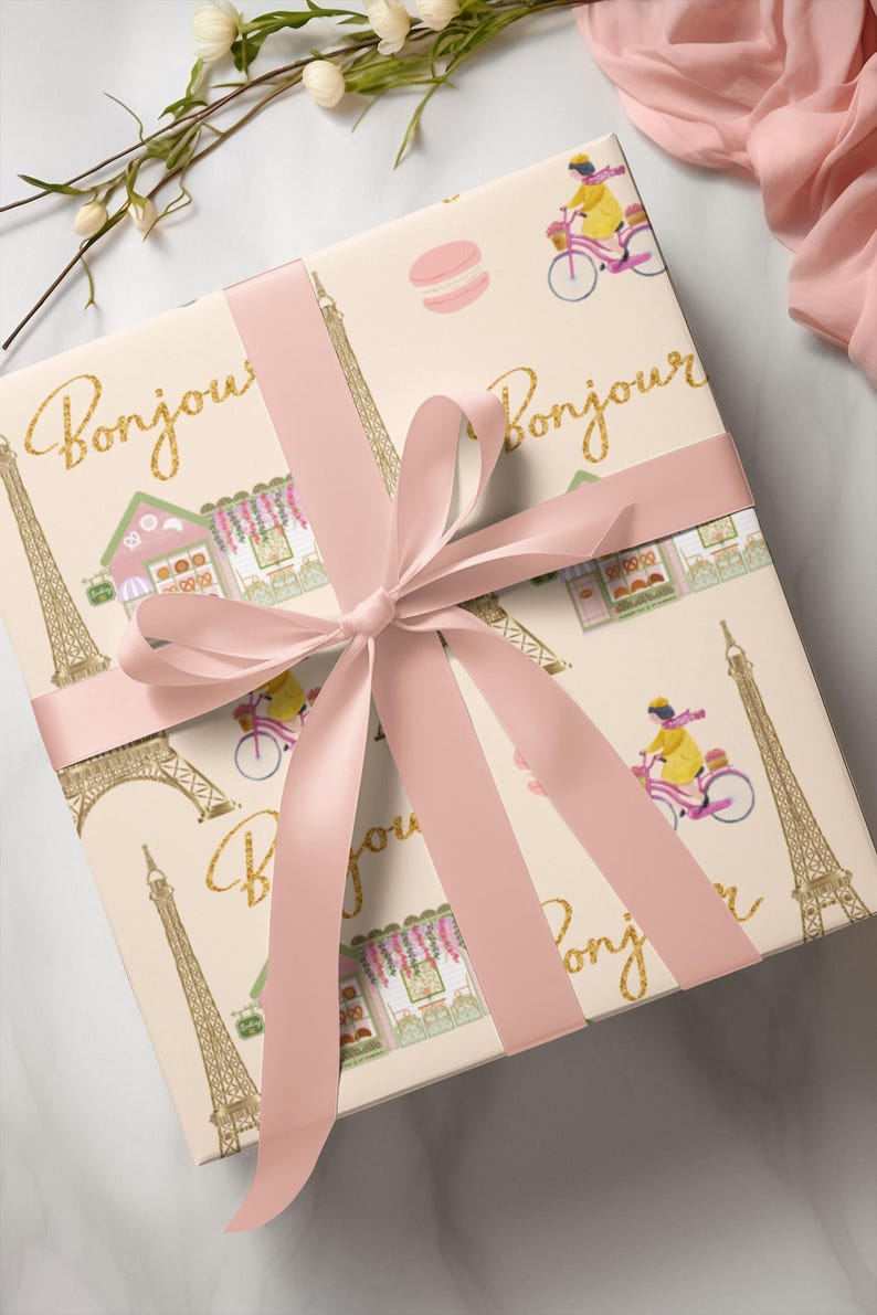 Paris Themed Wrapping Paper: Eiffel Tower, Bakery, Bicycle - Etsy