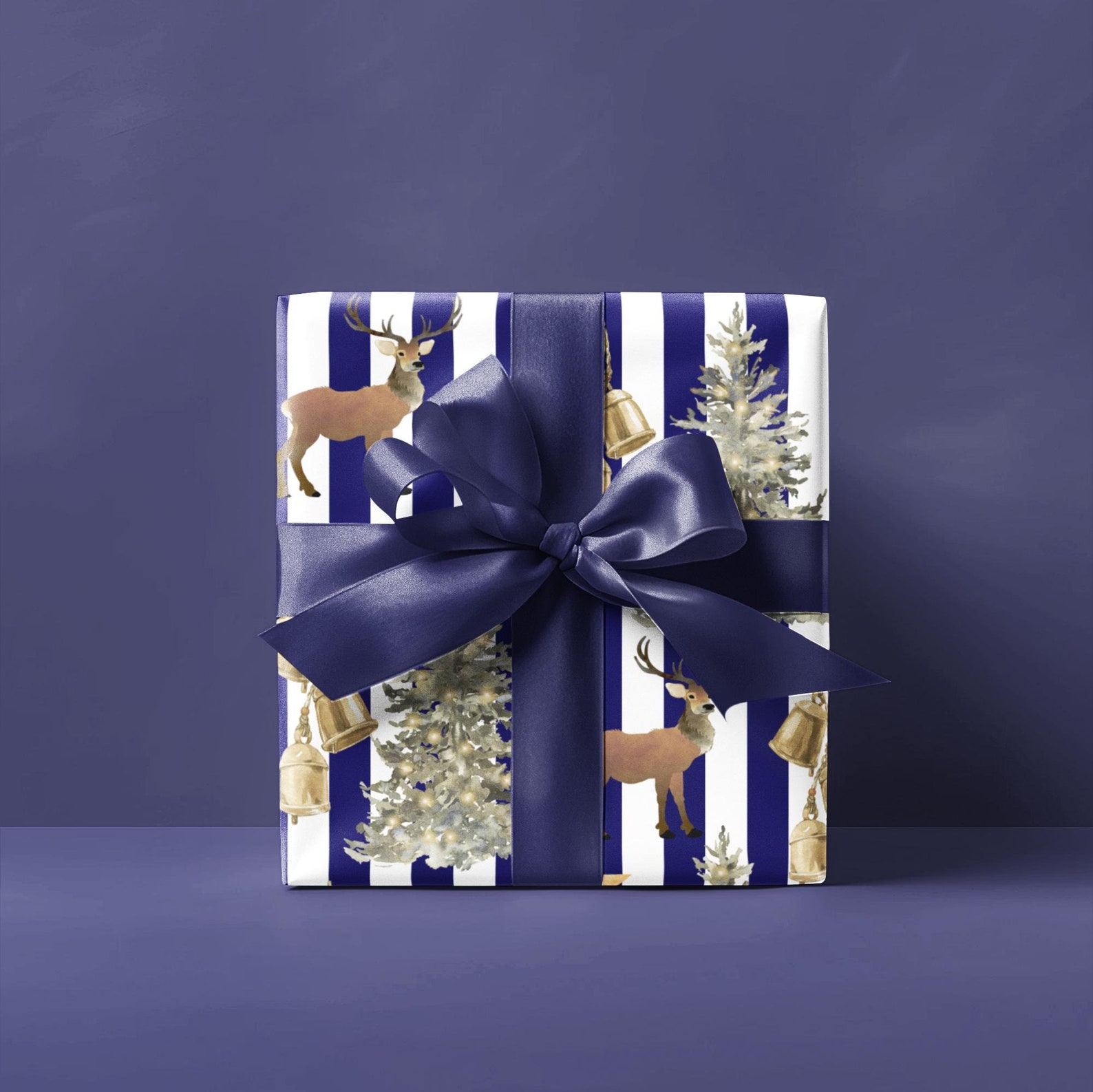 Elegant Royal Blue Striped Christmas Wrapping Paper Reindeer & Lighted ...
