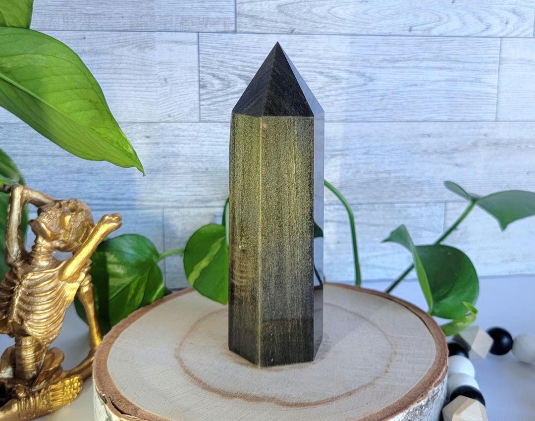 Gold Sheen Obsidian Tower | Protective Crystal Obelisk for Energy ...