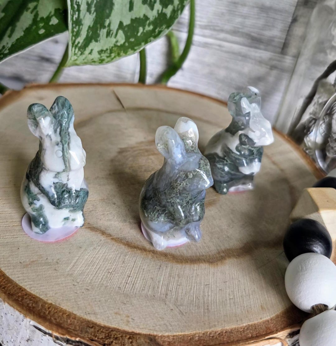 Moss Agate, One Moss Agate Carving, Rabbit Carving, Crystal, Natural ...
