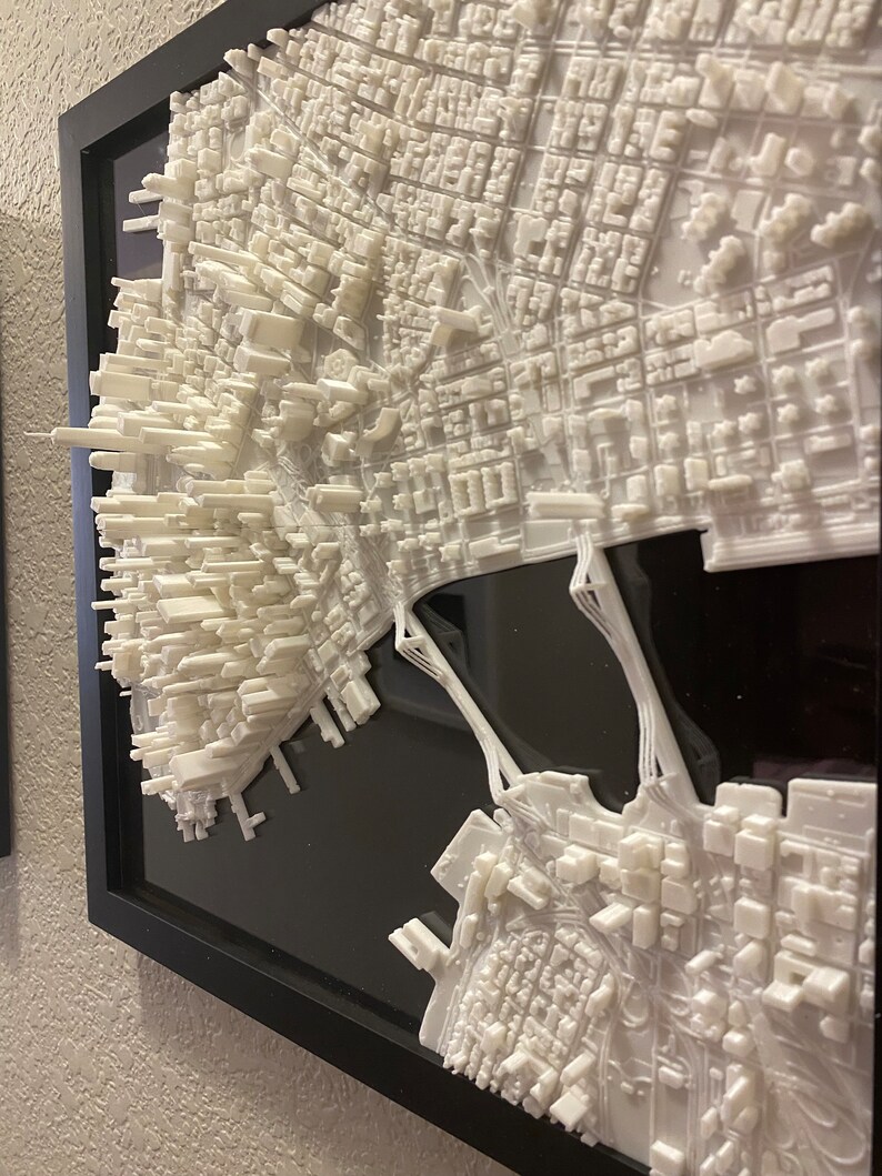 3D Printed Manhattan Map in 13x13 Inch Wood Frame - Financial District ...